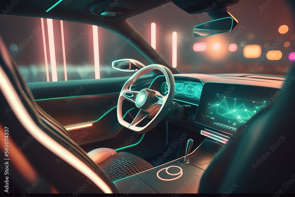 Car interior, neon monitor, steering wheel and controls, side view ...