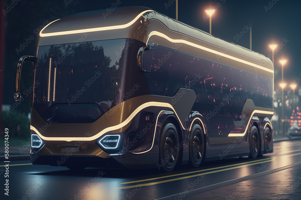 The bus rides through the night city, side view. Sports car, futuristic ...