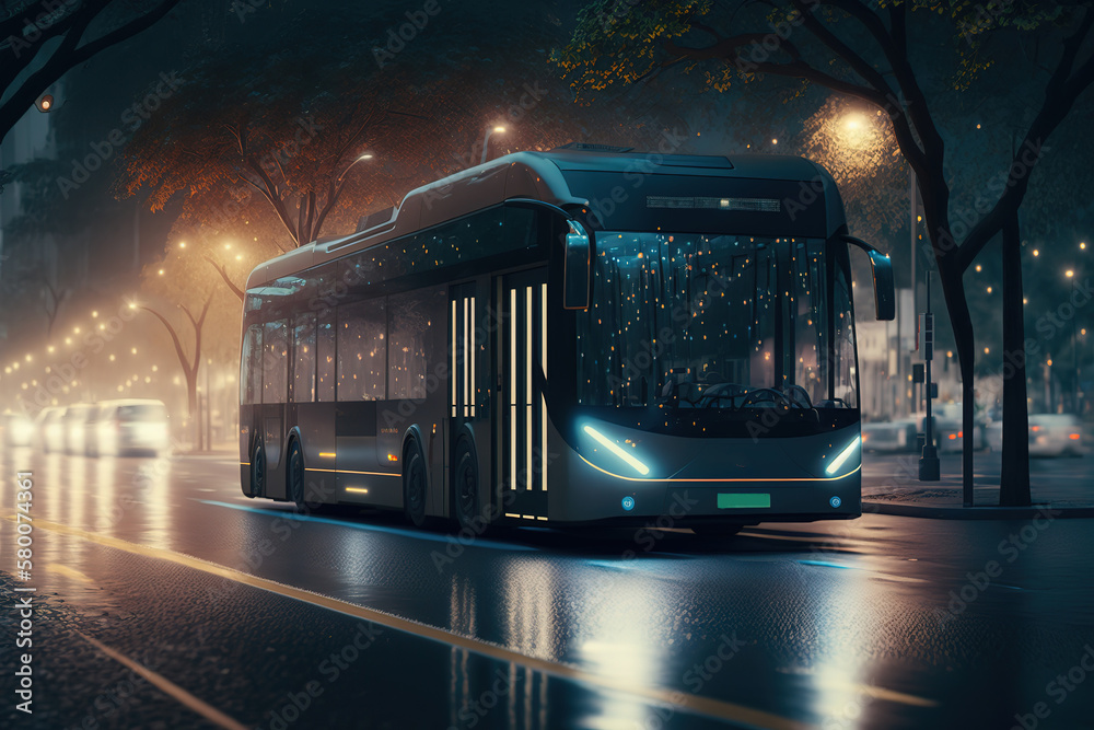 The bus rides through the night city, side view. Sports car, futuristic ...