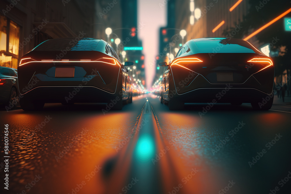 Sports car rides through the streets of the city, rear view. Sports car ...