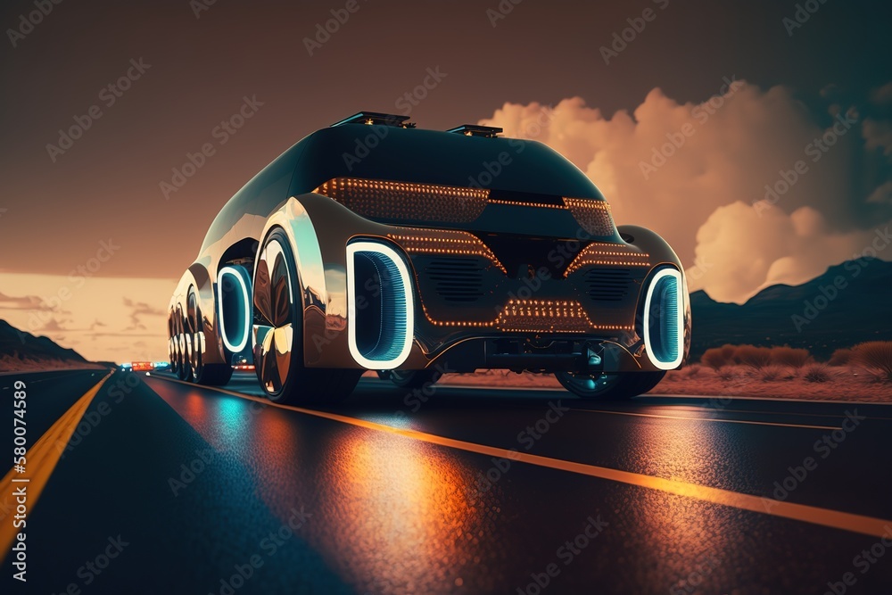 The car is driving around the city, rear view. Sports car, futuristic ...