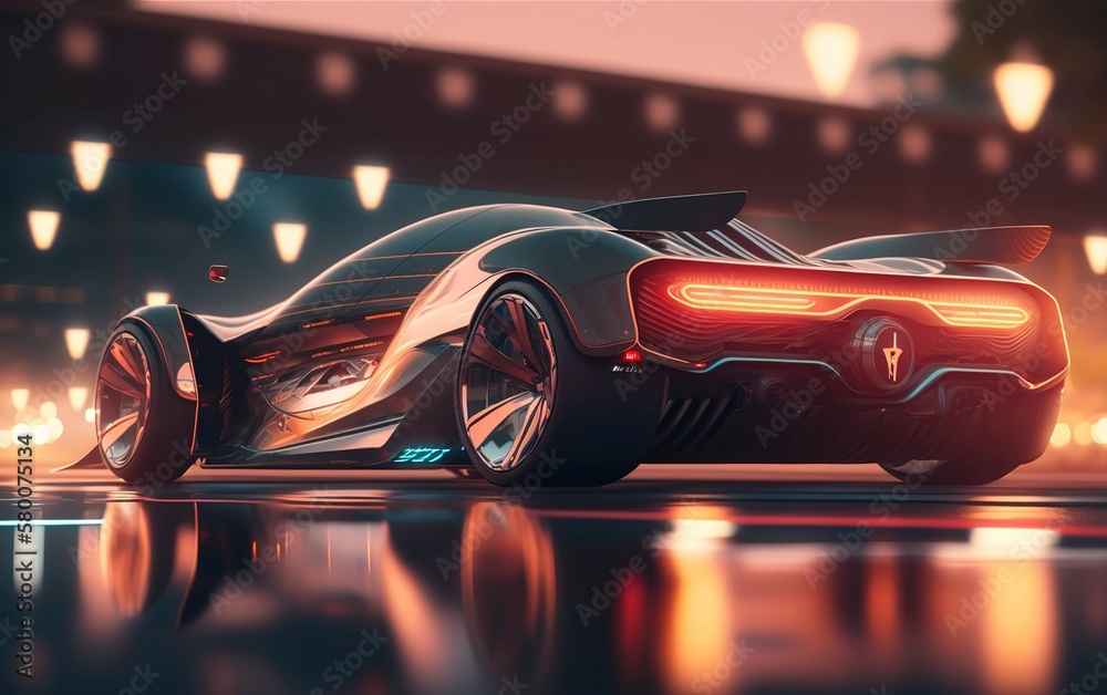 The car stands on the road in the night city, side view. Sports car ...