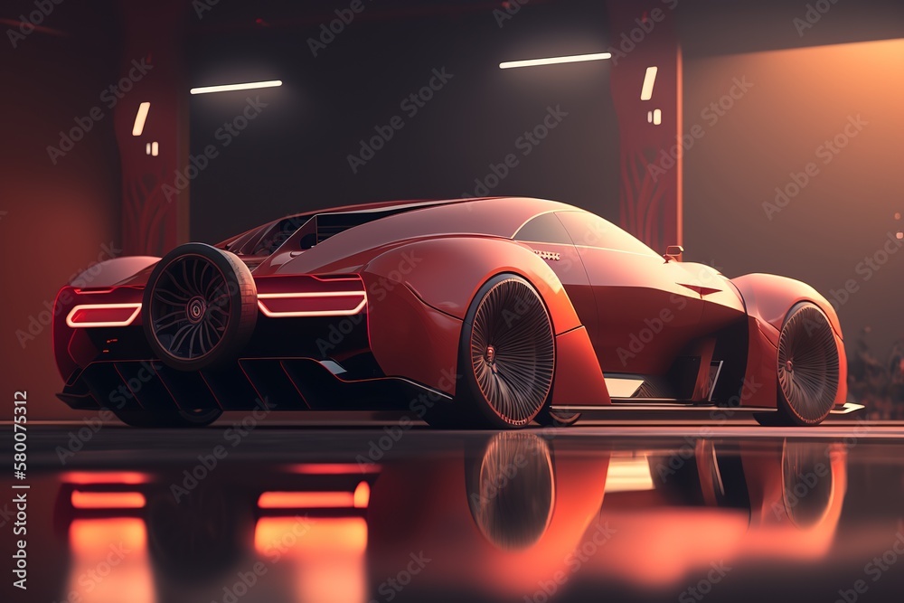 A modern car stands in a parking lot in a building, rear view. Sports ...