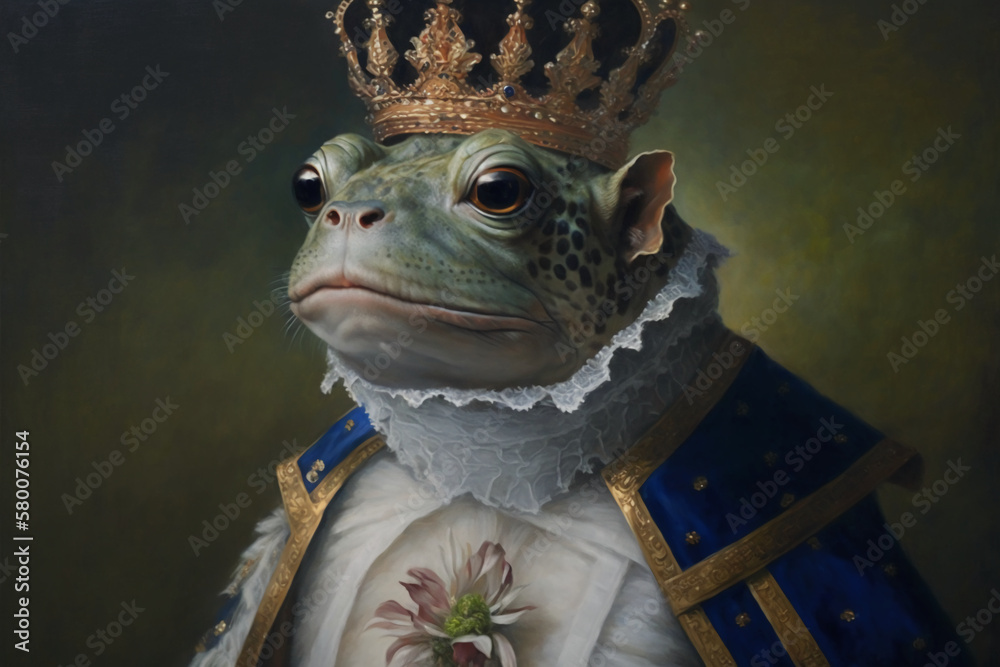 a painting of a royal queenly frog wearing a tiara, a portrait ...