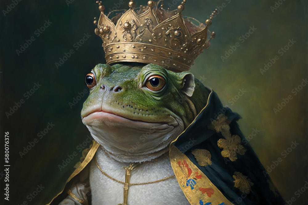 a painting of a royal queenly frog wearing a tiara, a portrait ...