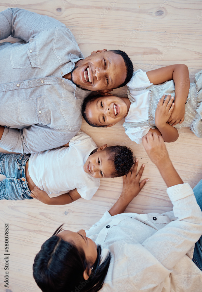 Family, love and relax on floor together at home for quality time, care ...