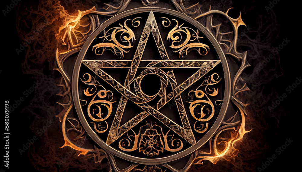 Black mass montage of occult Satanic pentagram materialising against a ...