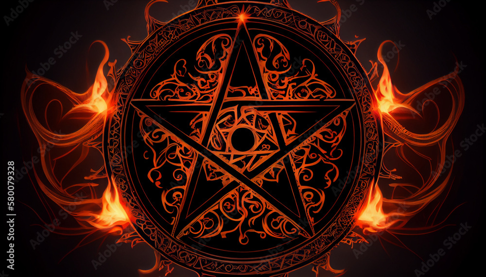 Black mass montage of occult Satanic pentagram materialising against a ...