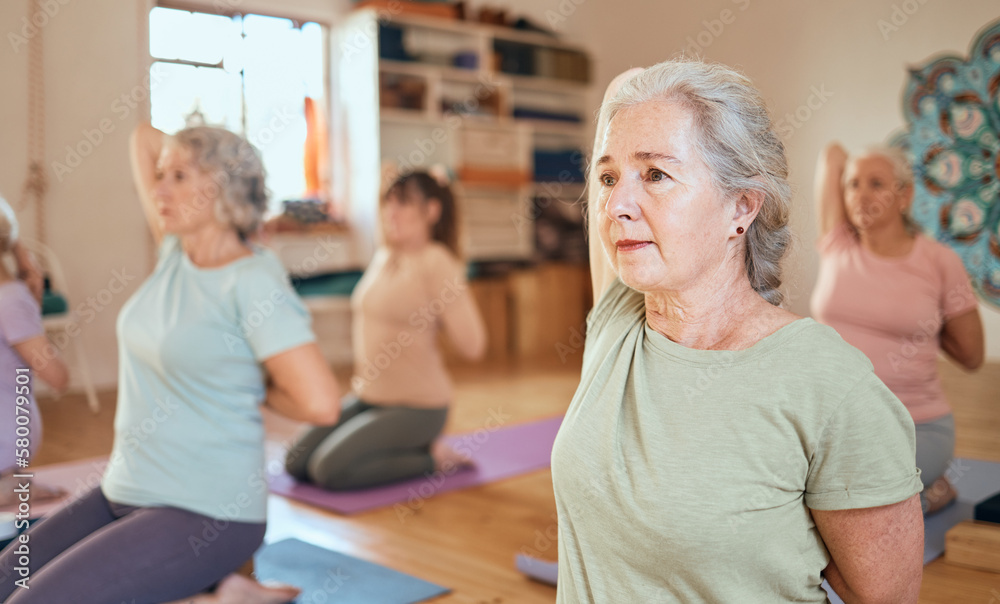 Fitness, yoga and senior women stretching and training body, breathing ...