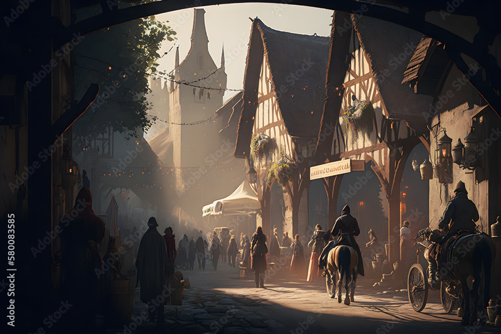 Medieval city streets view. Neural network AI generated art Stock ...