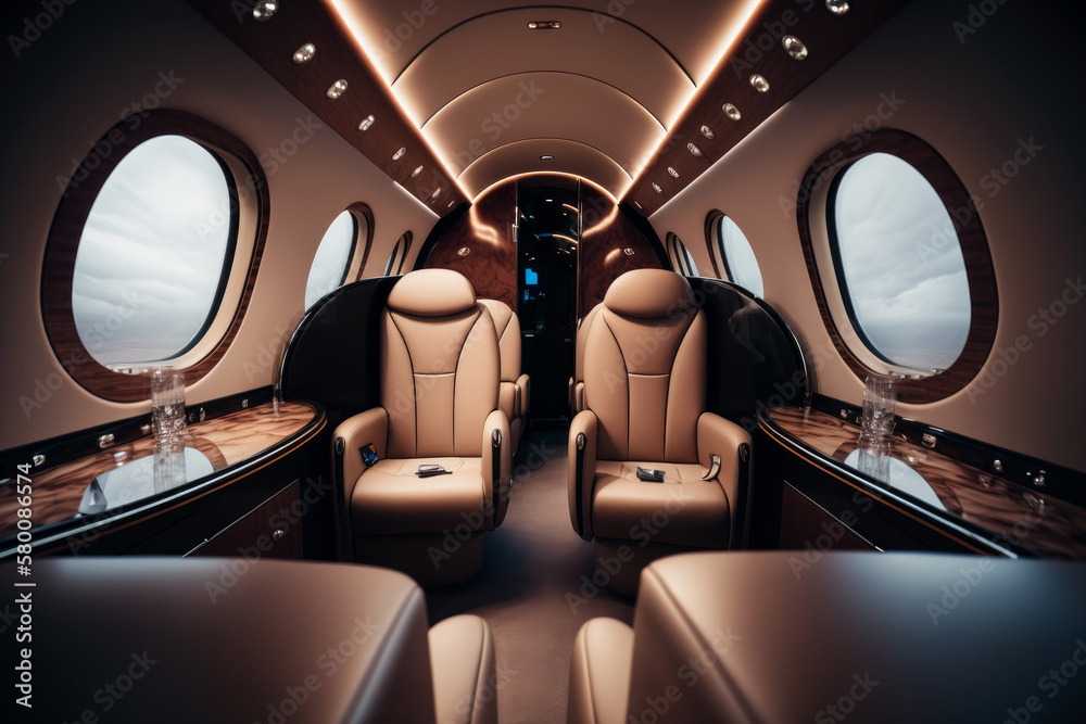 Interior of luxurious private jet with leather seats. Illustration AI ...