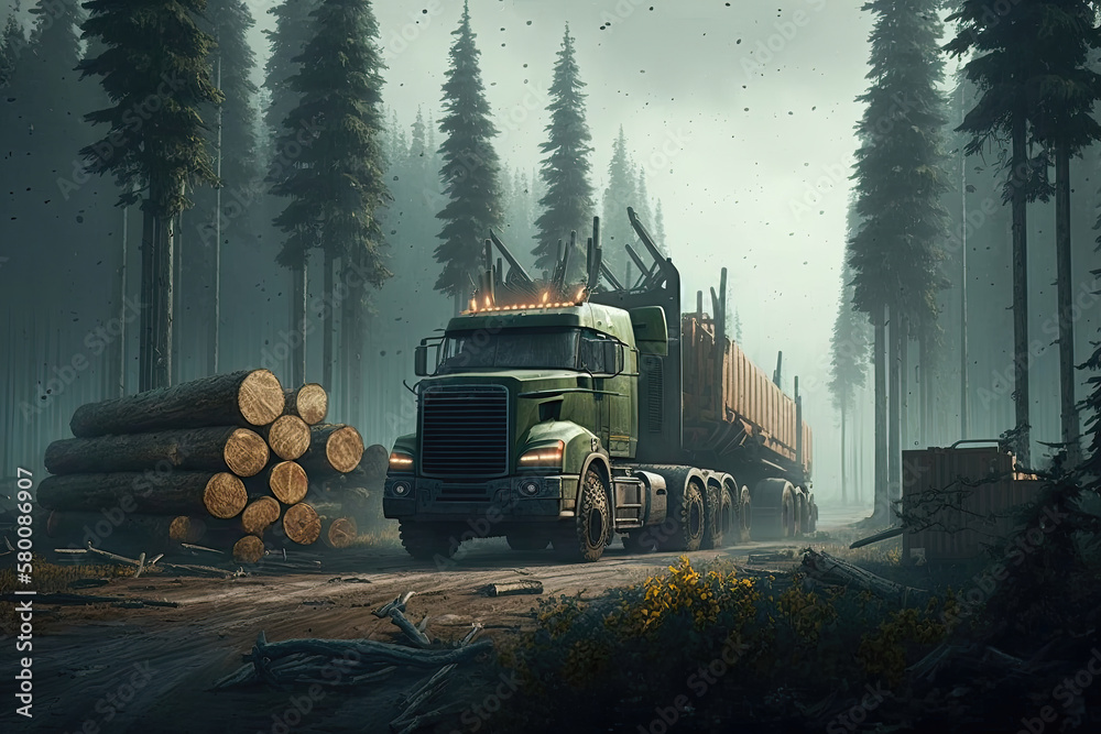 Cleared forest zone trucks with logs, deforestation concept. Generative ...