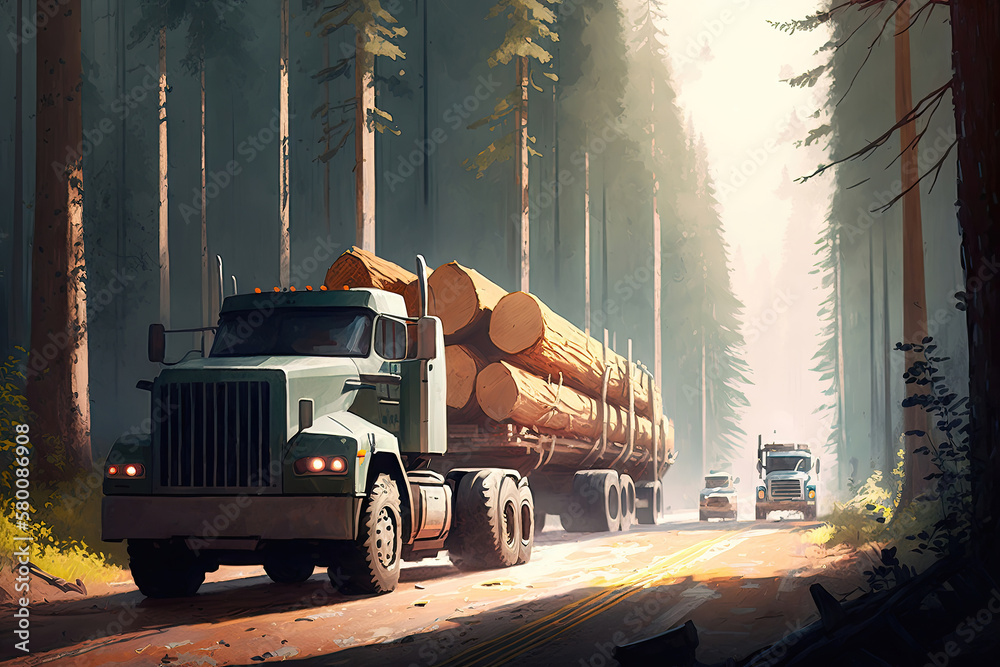 Cleared forest zone trucks with logs, deforestation concept. Generative ...
