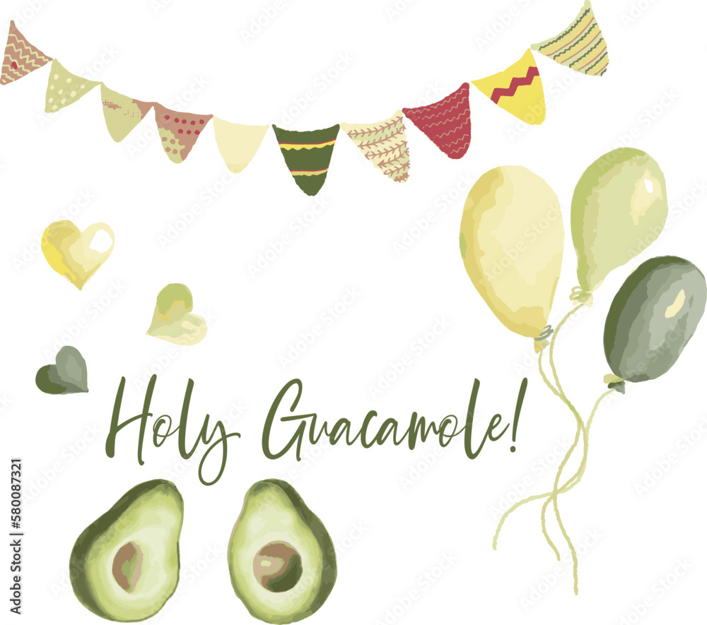 Mexican Fiesta Party Themed Clipart Set with Balloons, avocado, hearts ...