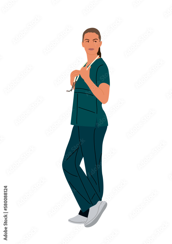 Female doctor, nurse character side view full length. Young confident ...