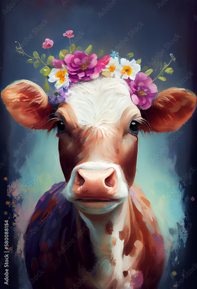 A charming portrait of a cow with a dynamic pose is depicted in this ...