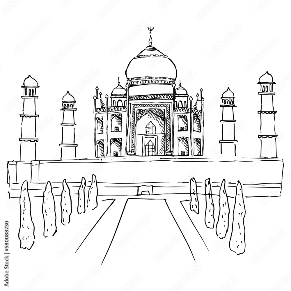 Taj Mahal. Drawing with black lines, marker, line art. Vector ...