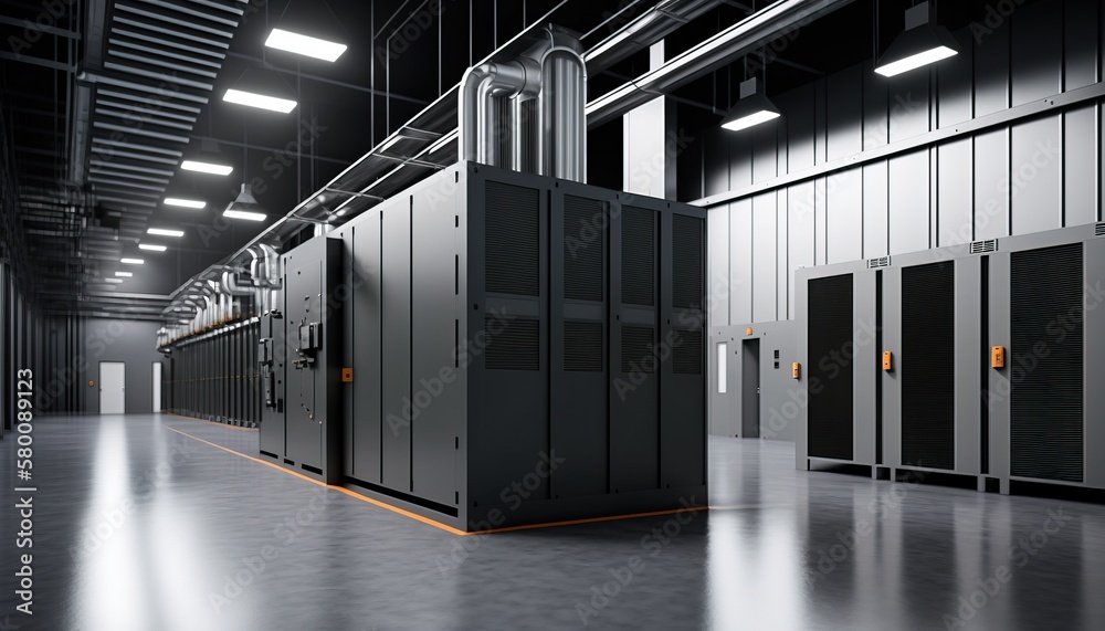 Data center ware house, indoor view, server room, network operations center, future computing ...