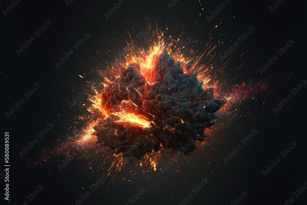 Explosion of spark fireball from center destroyed wide area. Concept of ...