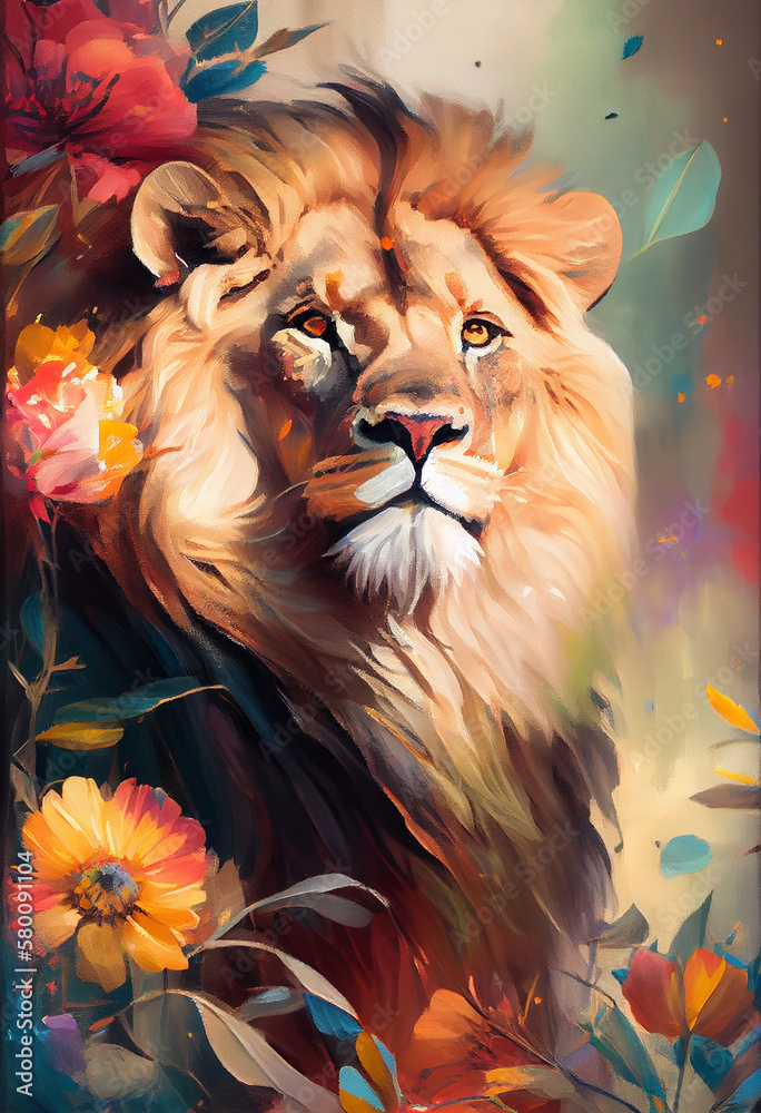 A charming portrait of a lion with a dynamic pose is depicted in this ...