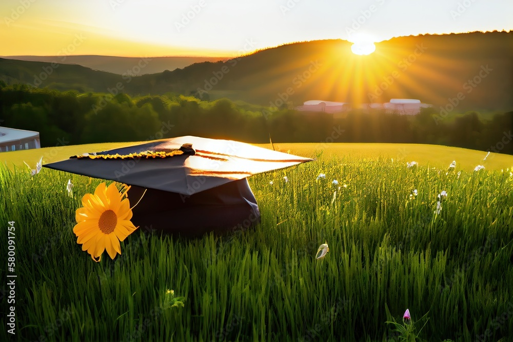 graduation cap, hat with a beautiful view. abstract landscape ...
