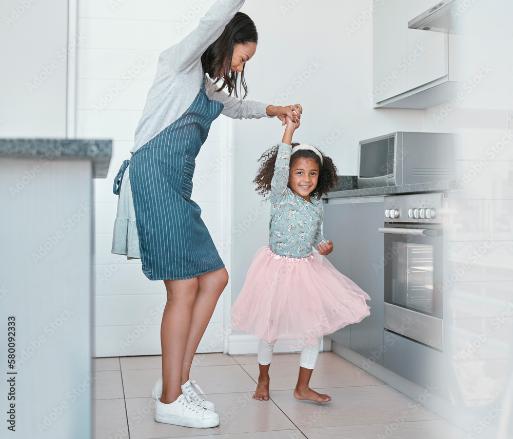 Dancing, playful and mother and child with freedom, music and happy in ...