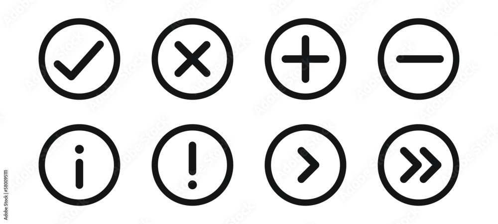 Check, uncheck, plus, minus, forward, exclamation, information icons ...