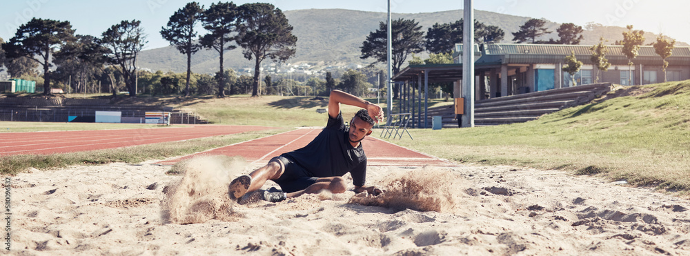 Athlete long jump, sand and sports man training for France olympic ...