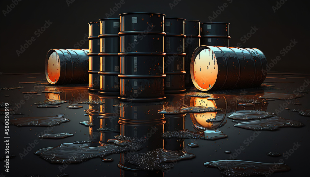 Oil Barrels Towering Stack on a Shiny Black Surface, dripping oil spill ...