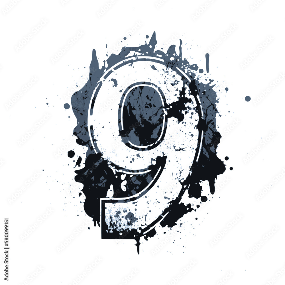 Number 9, Vintage Logo Icon in 3D, Paint and Brush Texture,Dirty Splat ...