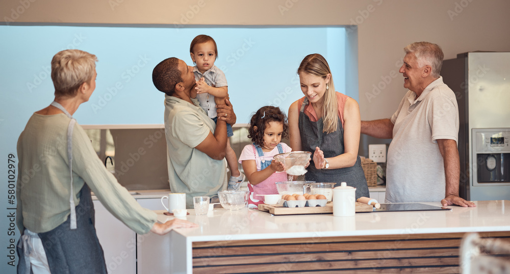 Big family, cooking and baking in home kitchen for bonding, learning ...