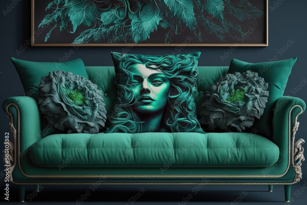 Jade green colored sofa with cushions. Interior design illustration of ...