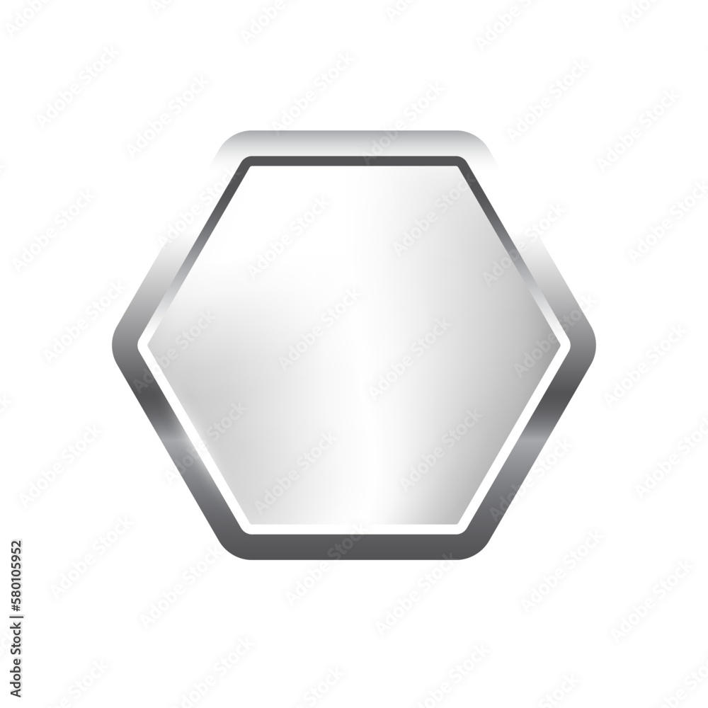 Silver hexagon button with frame vector illustration. 3d steel glossy ...