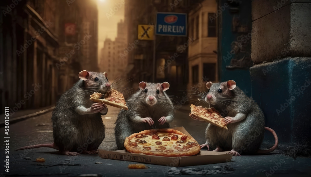 Generative AI illustration from rats eating pizza in town street Stock ...
