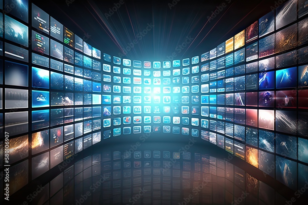 Smart TV Digital Media Wall of Screens Concept. Photo generative AI ...