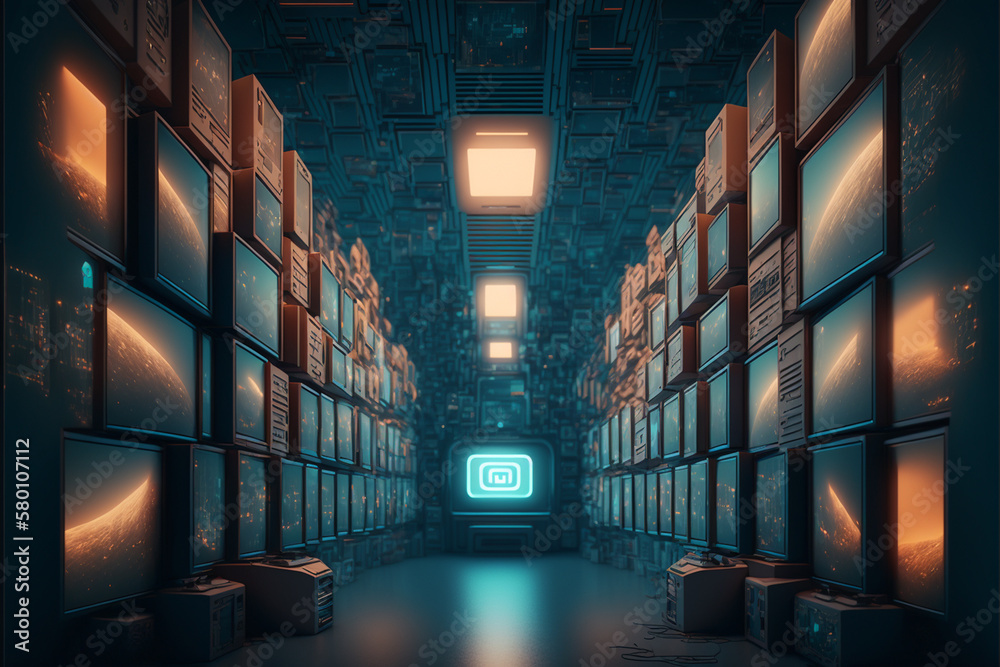 futuristic giant wall of lots of tv screens showing old content in a ...