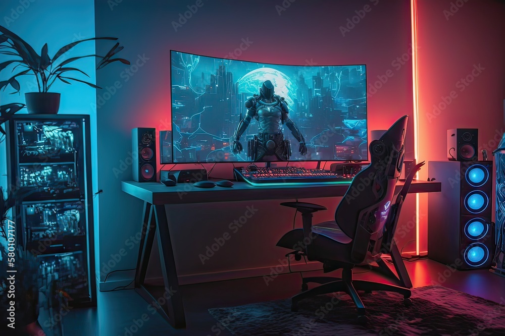 Neon-lit Gamer Room Interior. Photo generative AI Stock Illustration ...