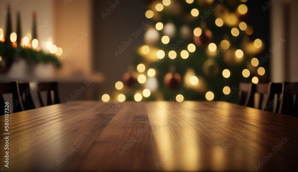 Wood Table on Blurred Christmas Tree Background, Festive Mockup, Dark ...