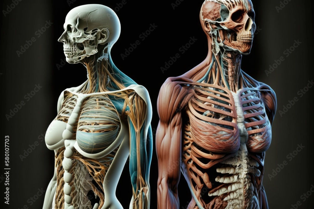 Male and female body in an anatomic, muscular illustration Stock ...