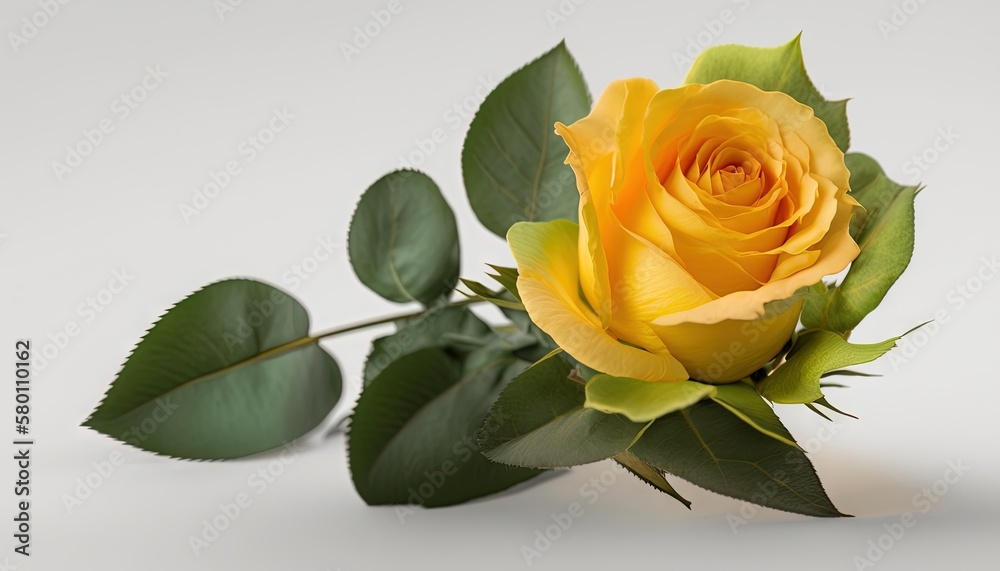 a single yellow rose with green leaves on a white background with a ...