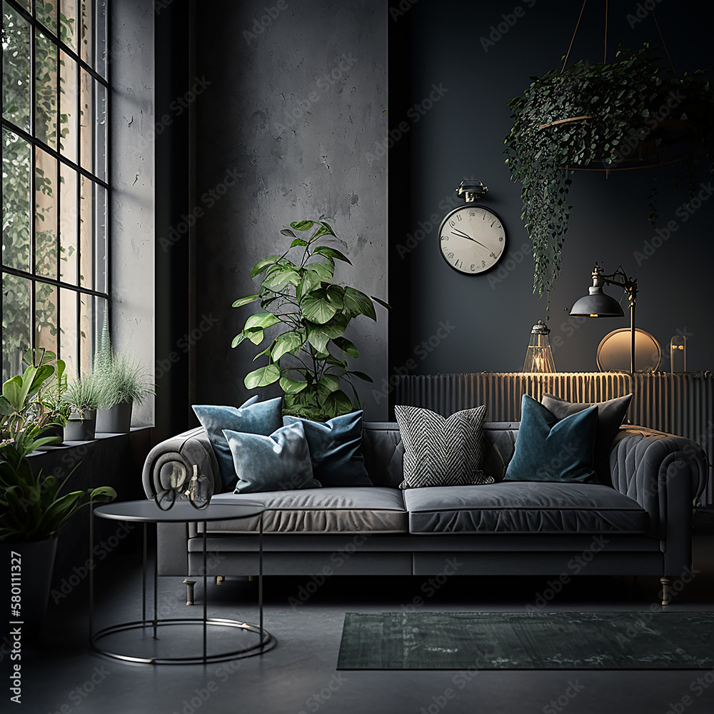 illustrazione di stiloso interno di soggiorno con ampia vetrata e ...