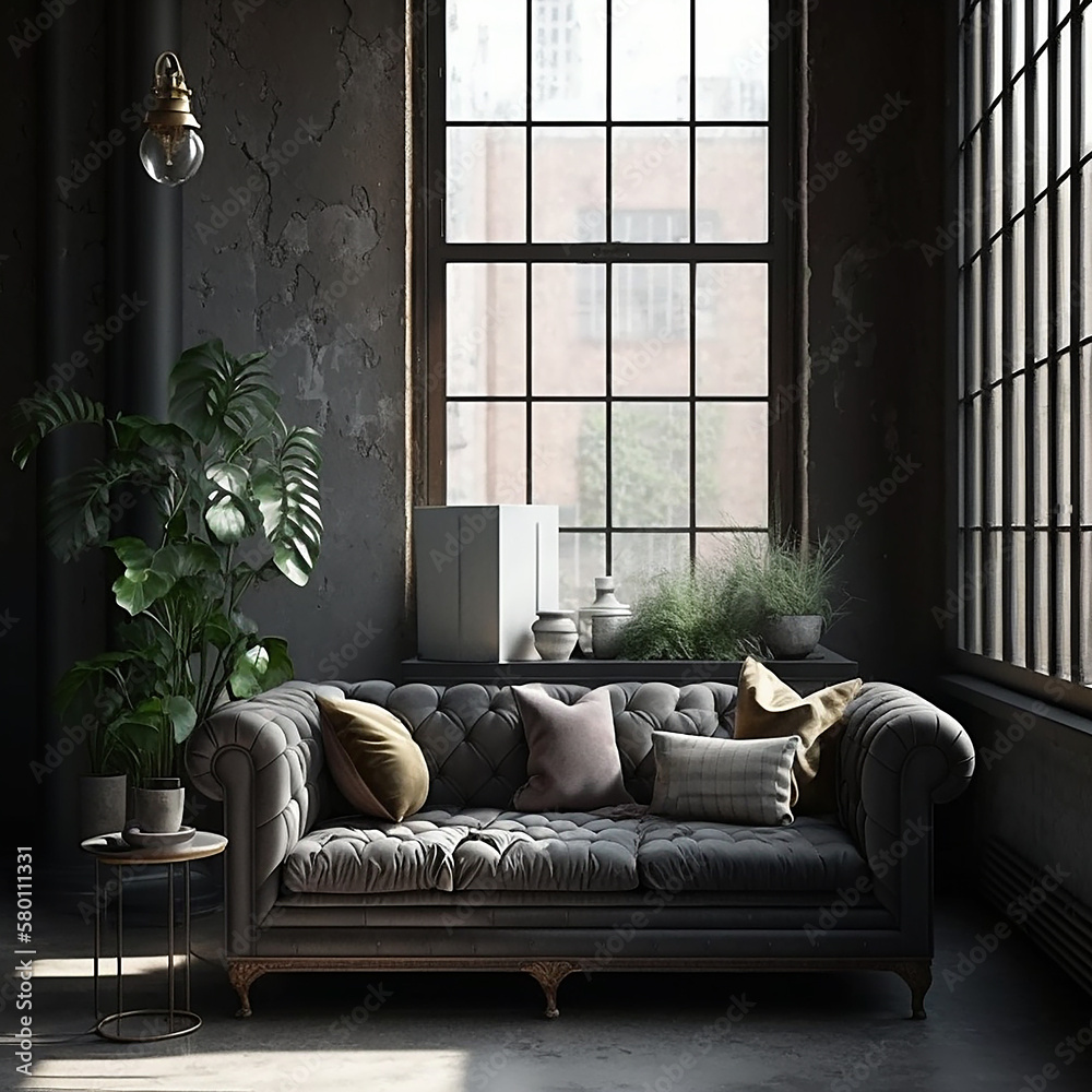 illustrazione di stiloso interno di soggiorno con ampia vetrata e ...