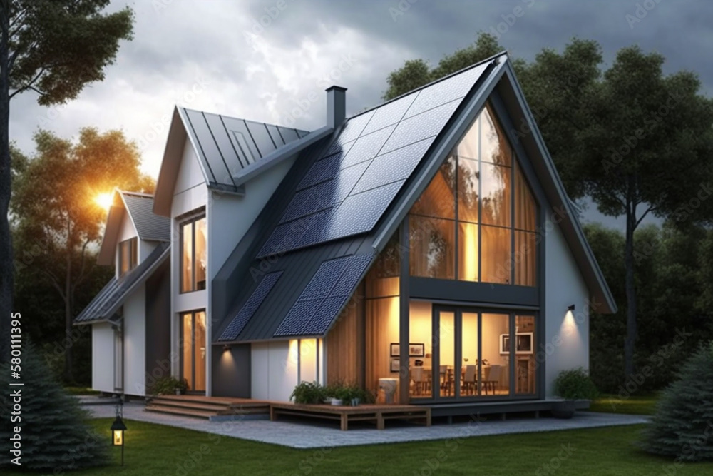 Solar panels on the gable roof of a modern house - Generative AI Stock ...