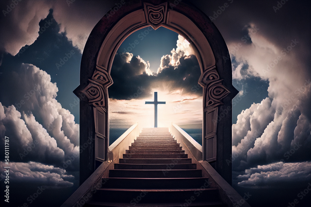 Stairs Leading To Cross Of Light At End Of Tunnel - Generative AI Stock ...