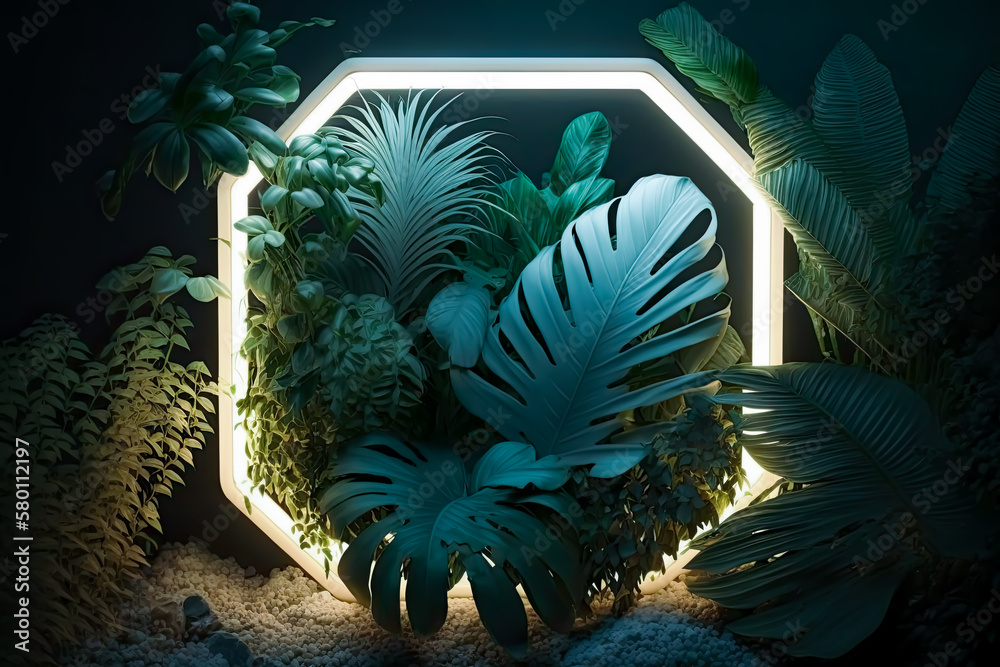 White Neon Light with Tropical Plants. Hexagon-shaped Fluorescent Frame ...