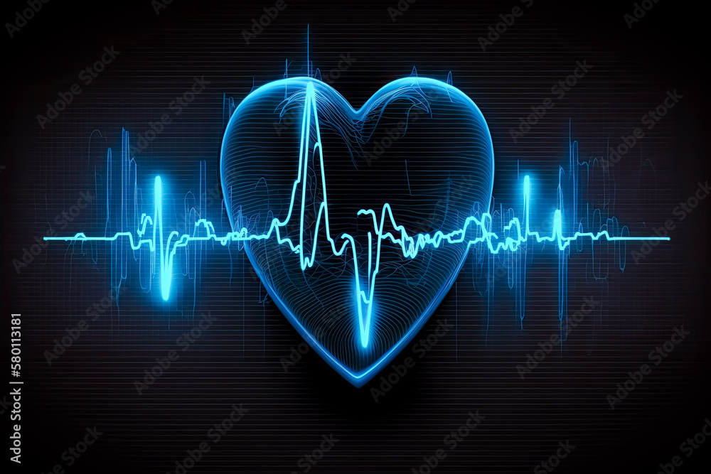 Emergency EKG monitoring. Blue glowing neon heart pulse. Heart beat ...
