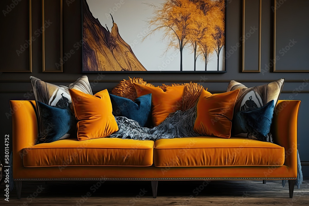 Saffron colored sofa with cushions. Interior design illustration of a ...