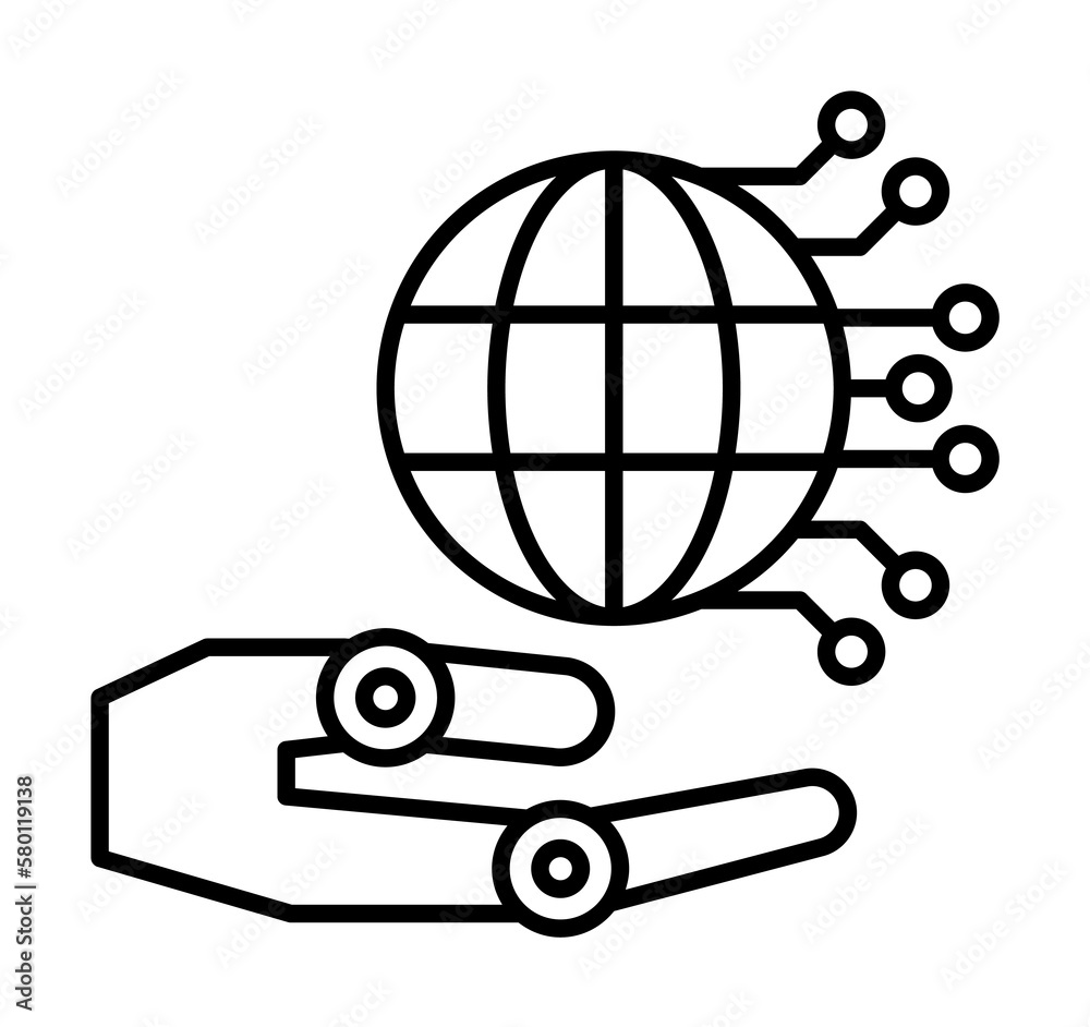 Robot hand earth globe icon. Simple line, outline of artificial ...