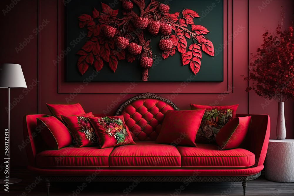 straberry red colored sofa with cushions. Interior design illustration ...