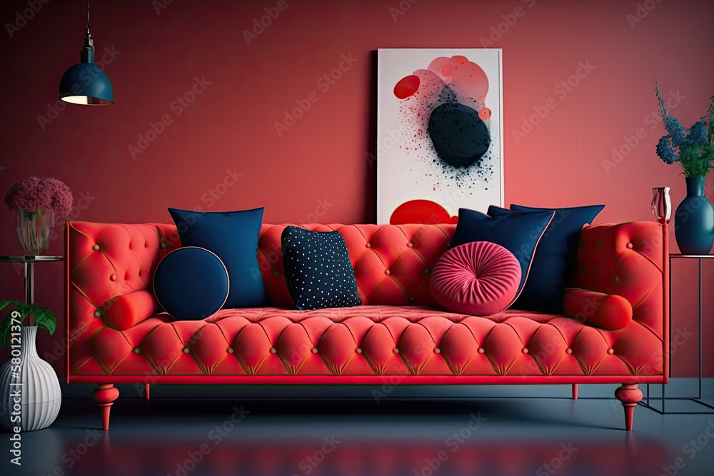 straberry red colored sofa with cushions. Interior design illustration ...